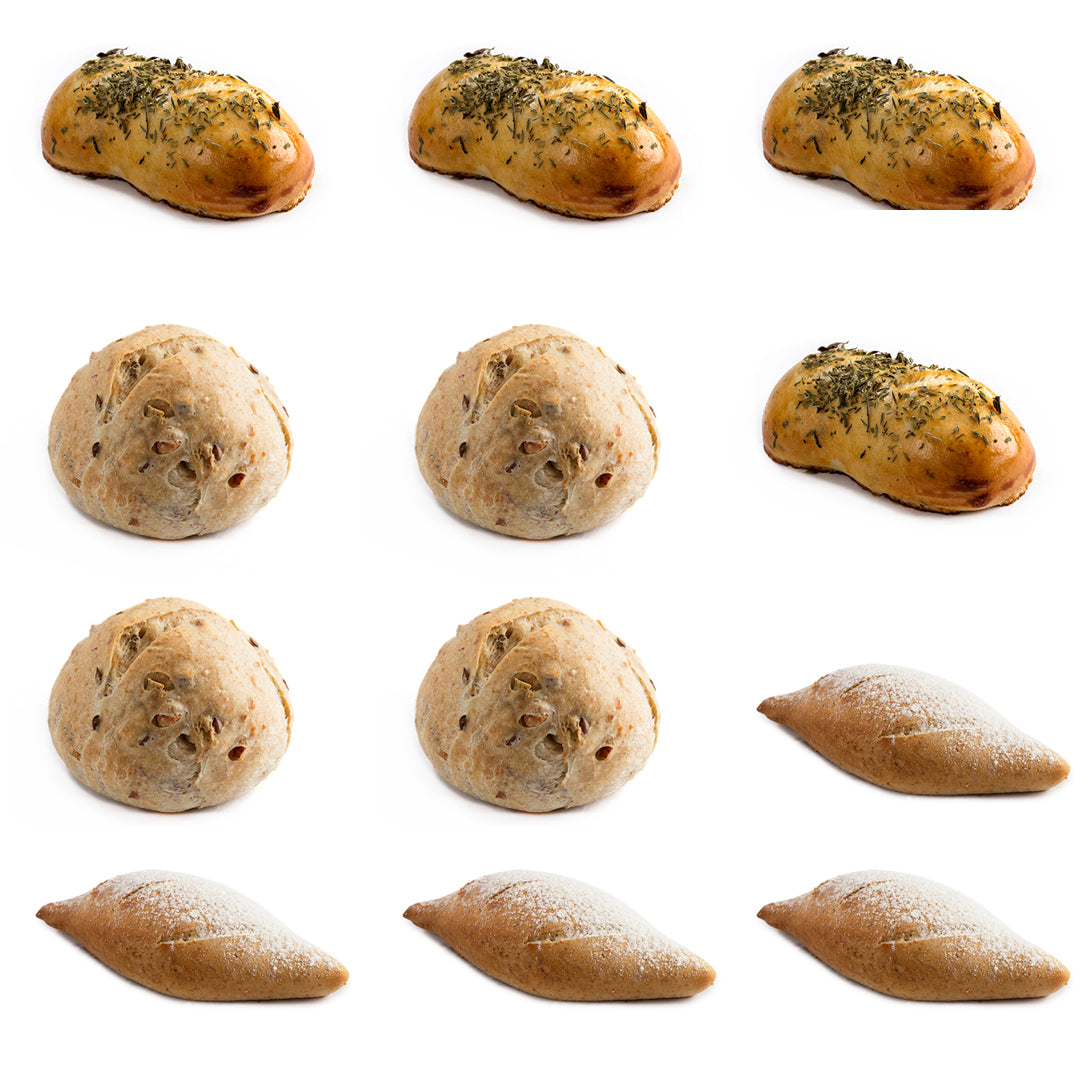 Paquete con 12 panes salados : 4 multigrano, 4 integrales, 4 de finas ...